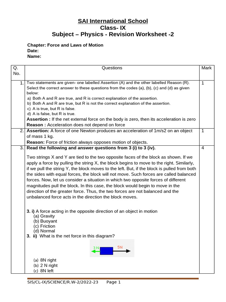 Ix Phy RW FLM Worksheet 2 QP | PDF | Force | Mass