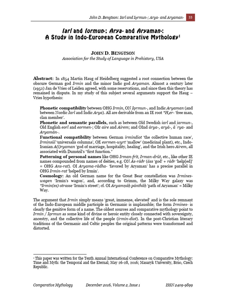 2016 - Iarl and Iormun, Arya - and Aryaman, A Study in Indo-European Comparative Mythology (John ...