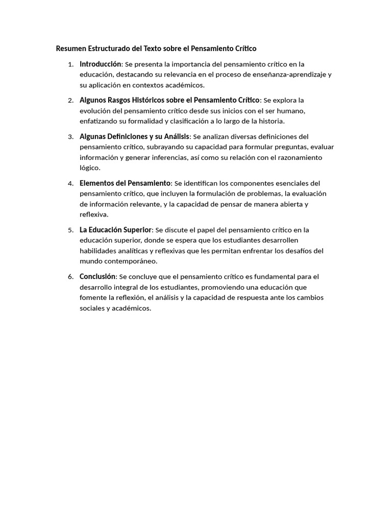 Resumen Estructurado Del Texto Sobre El Pensamiento Crítico | PDF ...