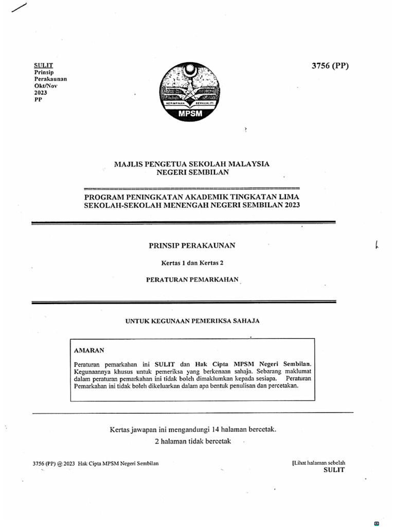 Skema Prinsip Perakaunan K1 K2 Negeri Sembilan 2023 | PDF