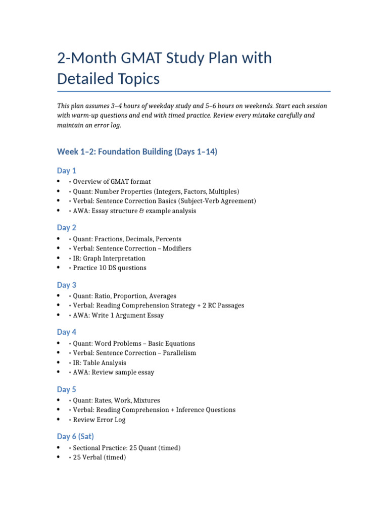 Detailed 2-Month GMAT Study Plan | PDF