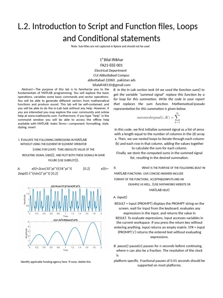 MATLAB Basics: Scripts, Loops, Functions | PDF | Matrix (Mathematics ...