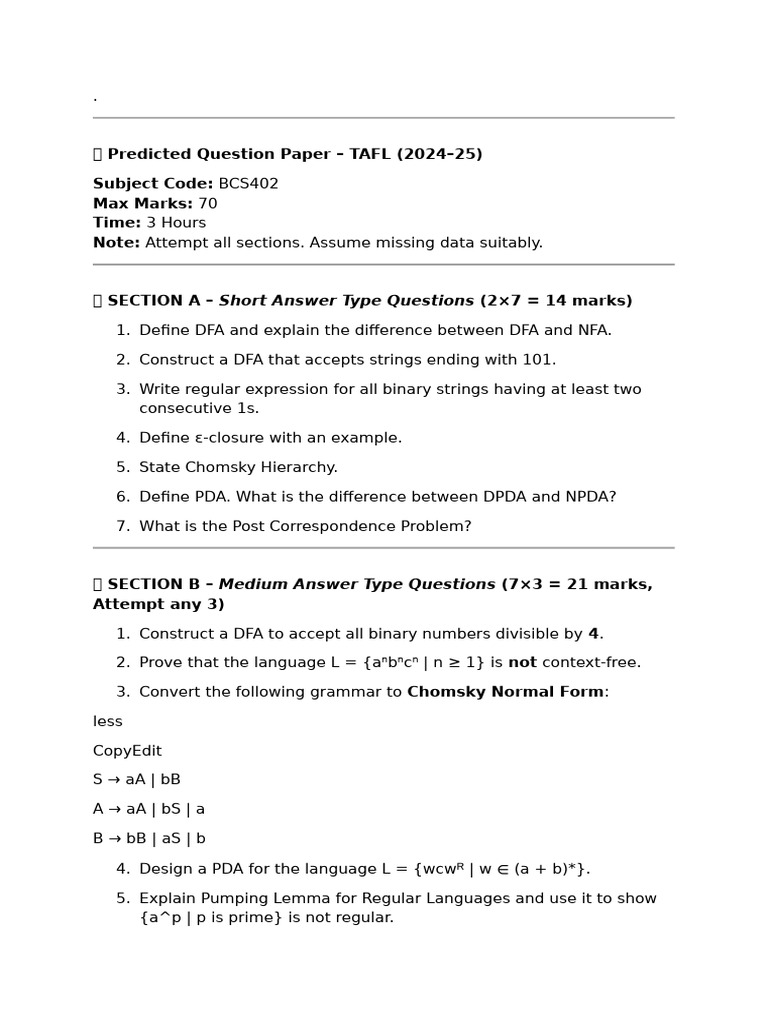 Sample Question Paper For Tafl | PDF