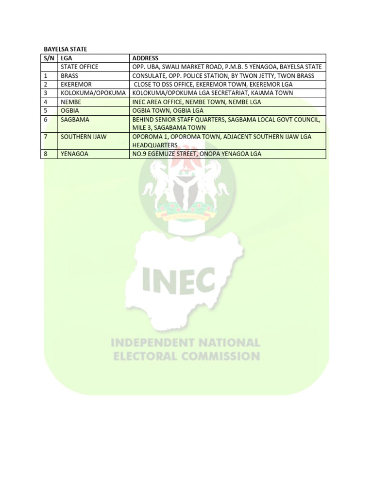 Bayelsa State Office Locations Guide | PDF