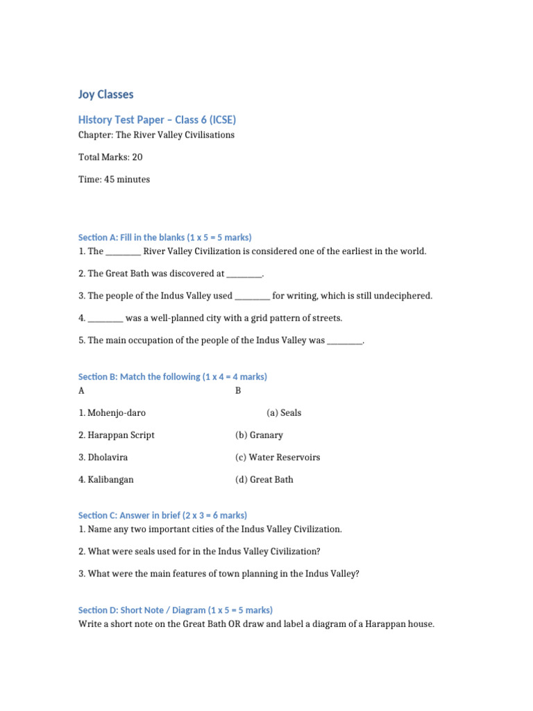 Indus Valley Civilization Test Paper | PDF