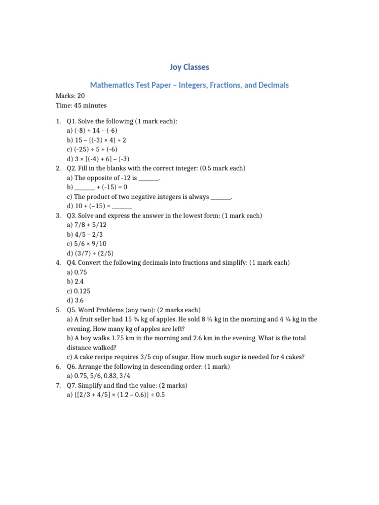 Maths Integers Fractions Decimals Test JoyClasses | PDF