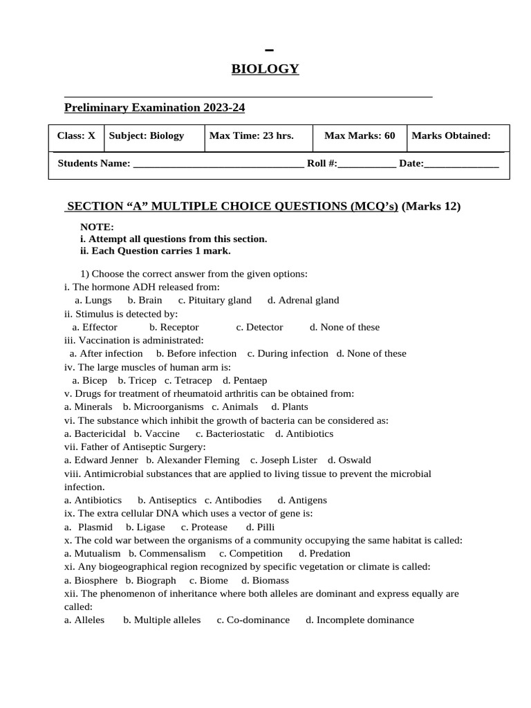 Biology X Second Prelim Paper 2024 | PDF | Infection | Biology