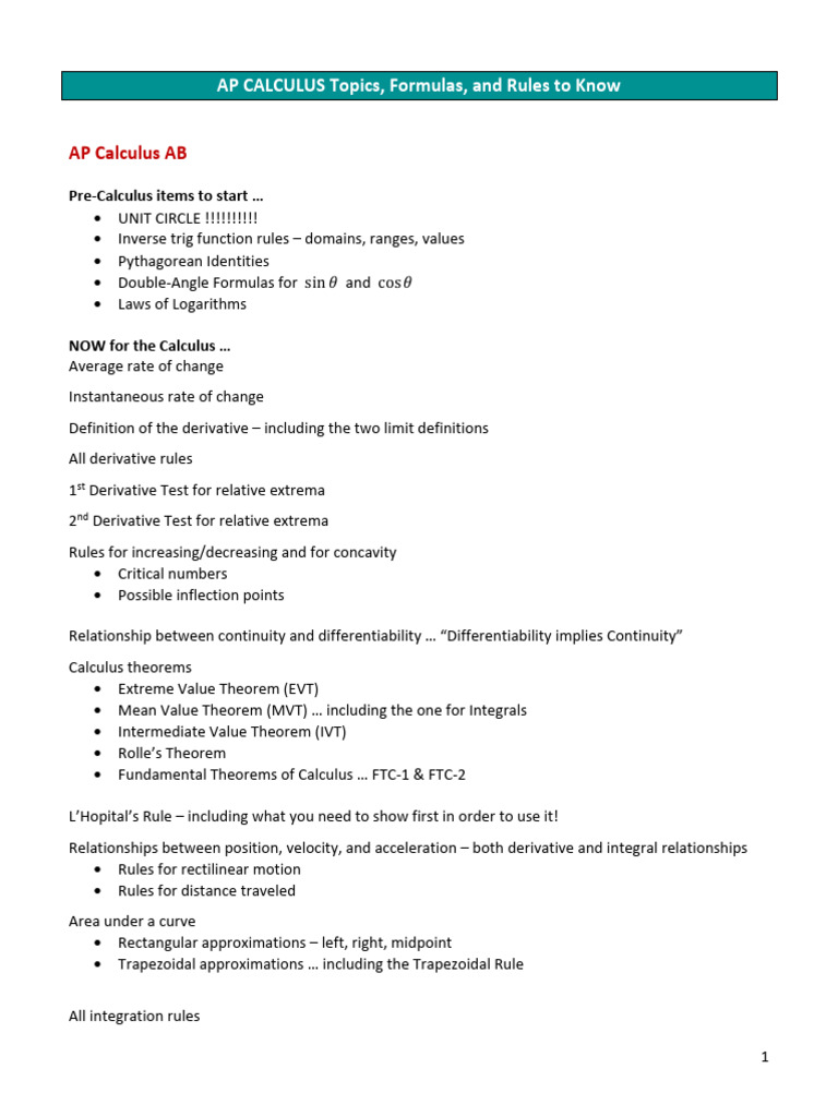 AP Calc Topics Formulas Rules To Know | PDF | Integral | Calculus