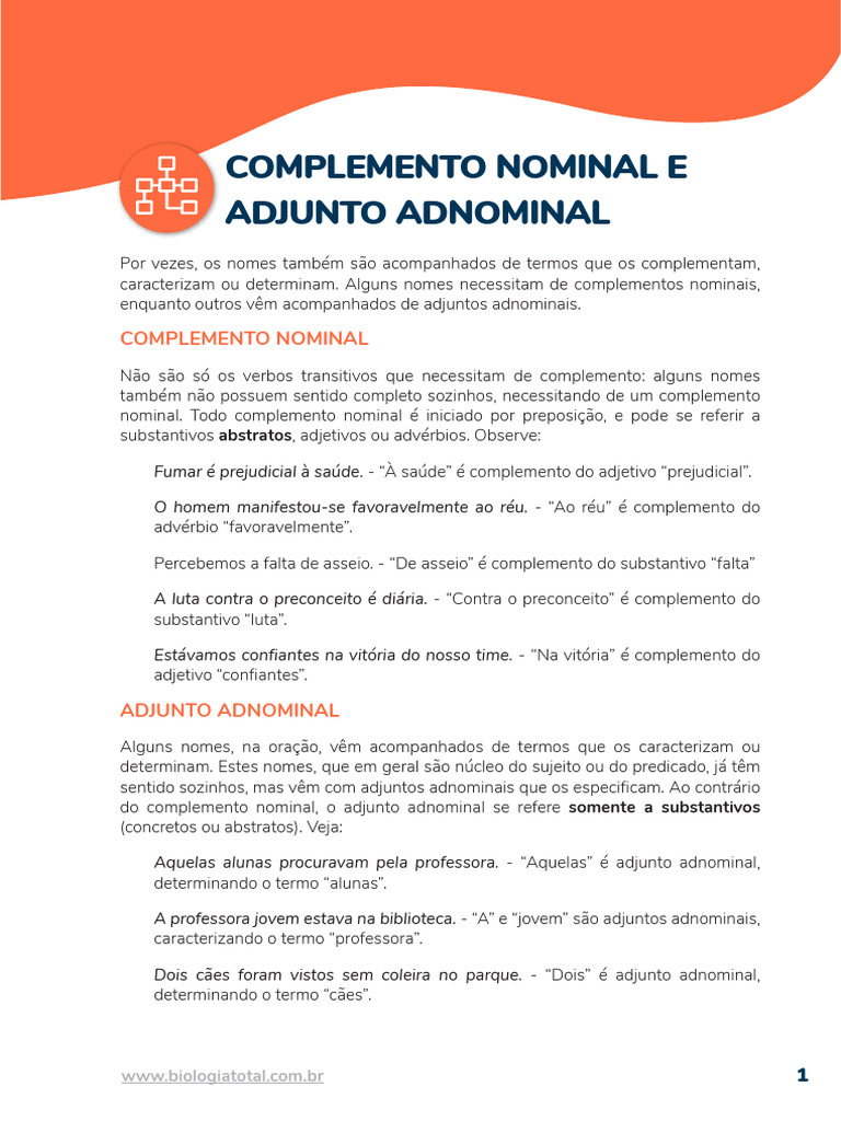 Complemento Nominal e Adjunto Adnominal | PDF | Substantivo | Gramática