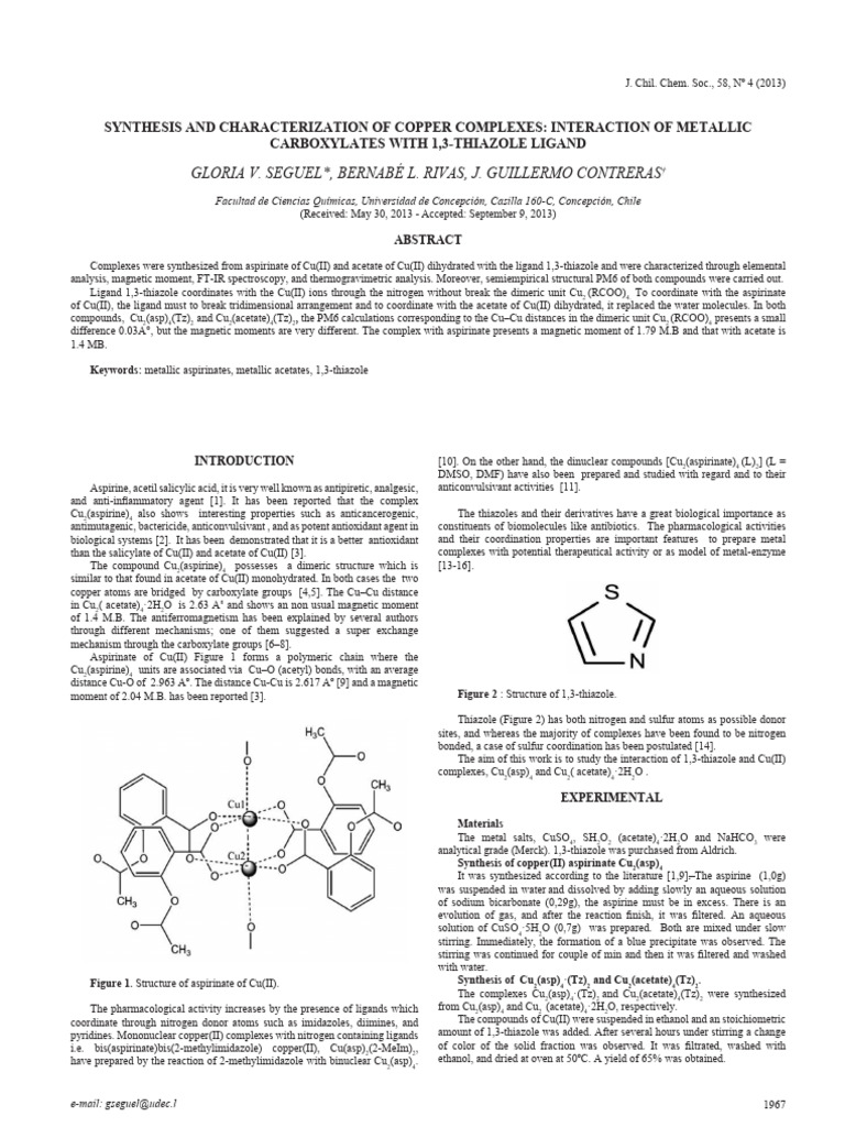 Copper Complexes with 1,3-Thiazole Ligand | PDF | Coordination Complex ...