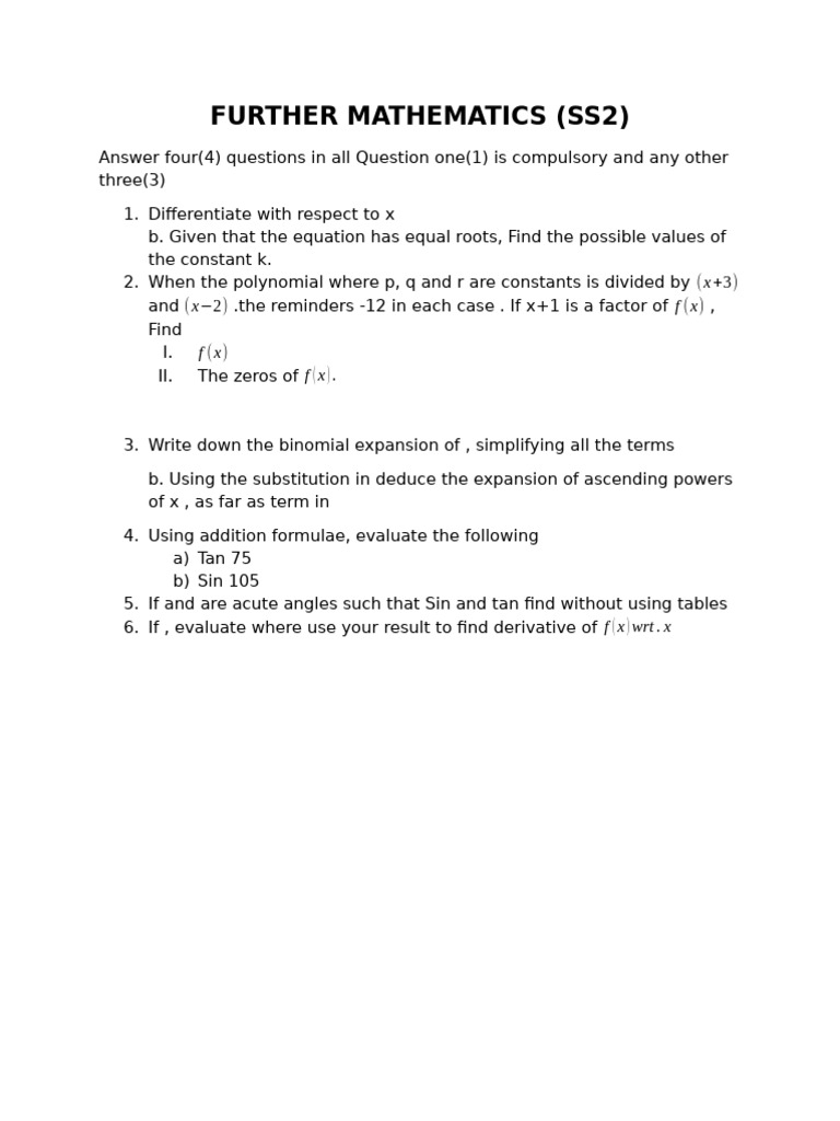 Ss2 Theory Further Mathematics | PDF