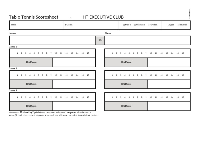 Table Tennis Scoresheet - Singles - MS Word Converted From PDF | PDF