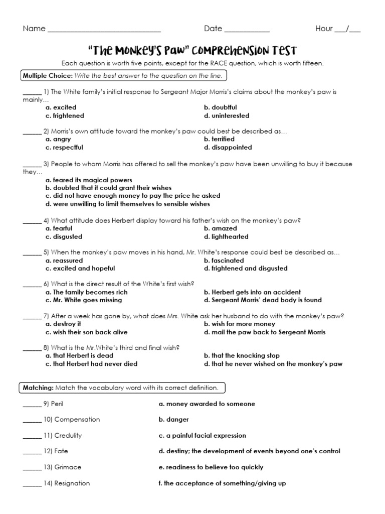"The Monkey's Paw" Comprehension Test: Name - Date - Hour | PDF