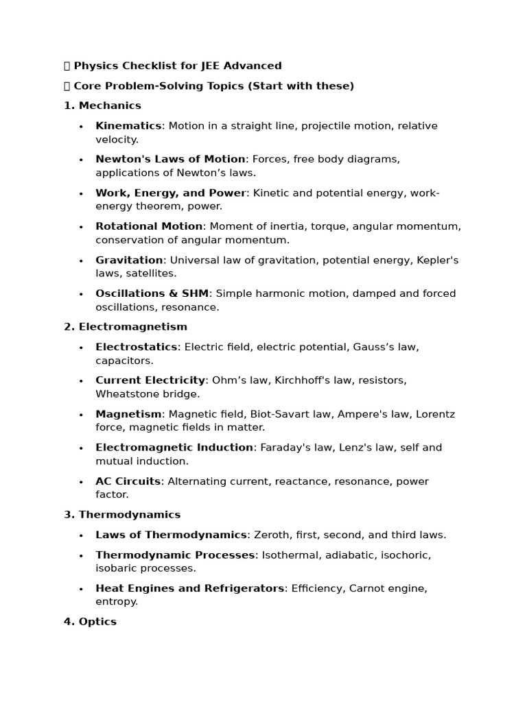 ? Physics Checklist For JEE Advanced | PDF | Equations | Complex Number