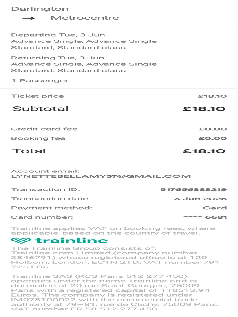 Trainline Expense Receipt - £18.10 | PDF