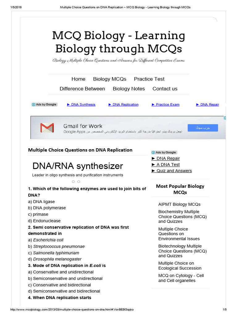 Multiple Choice Questions On DNA Replication MCQ Biology Learning | PDF ...