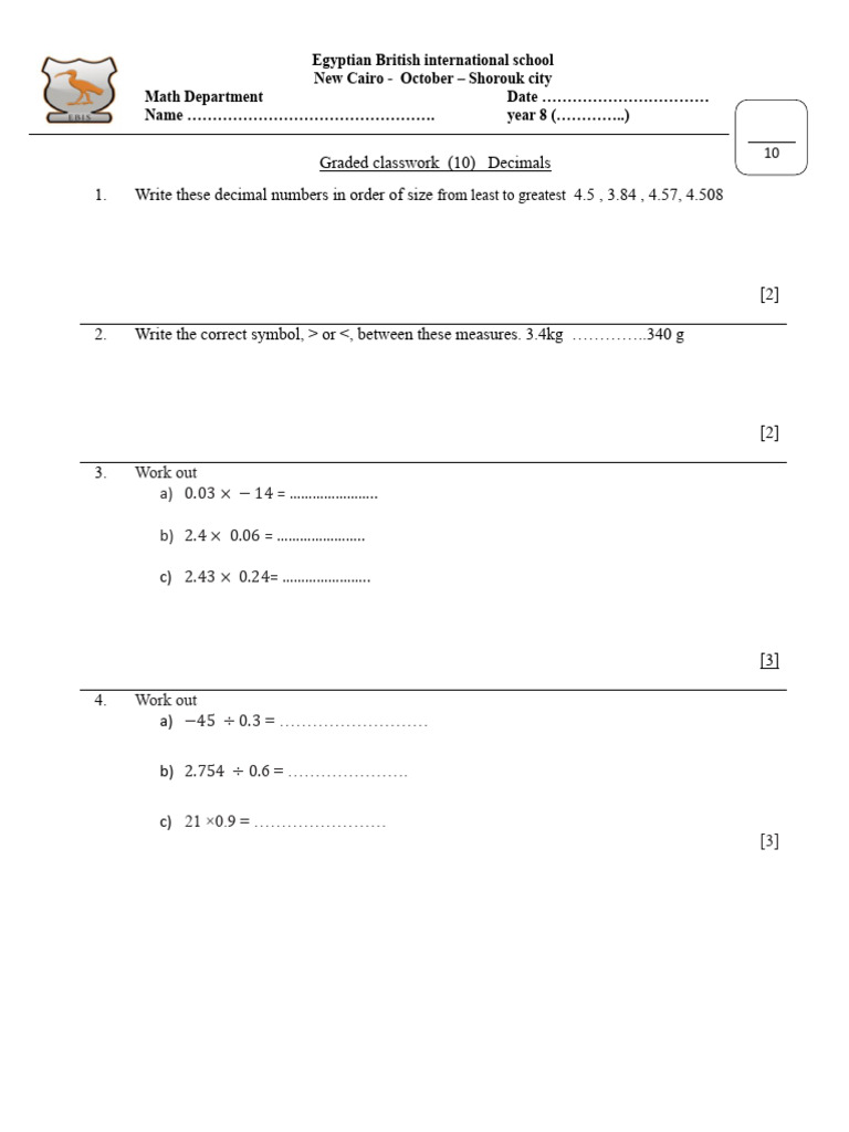 Graded Classwork (10) Decimals | PDF
