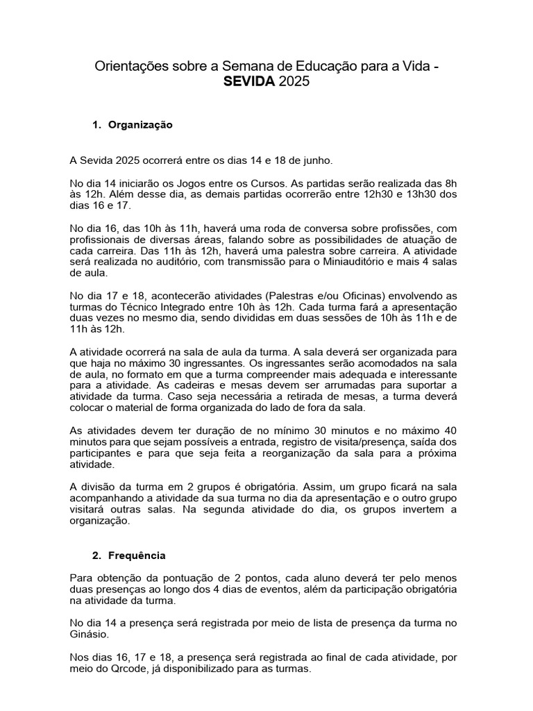Orientações e Programação Da Sevida 2025 | PDF