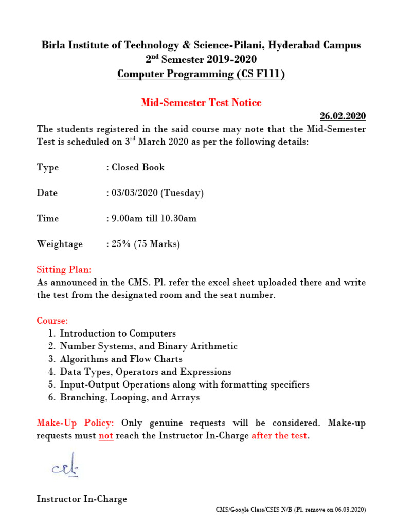 CS F111-Midsem Notice | PDF