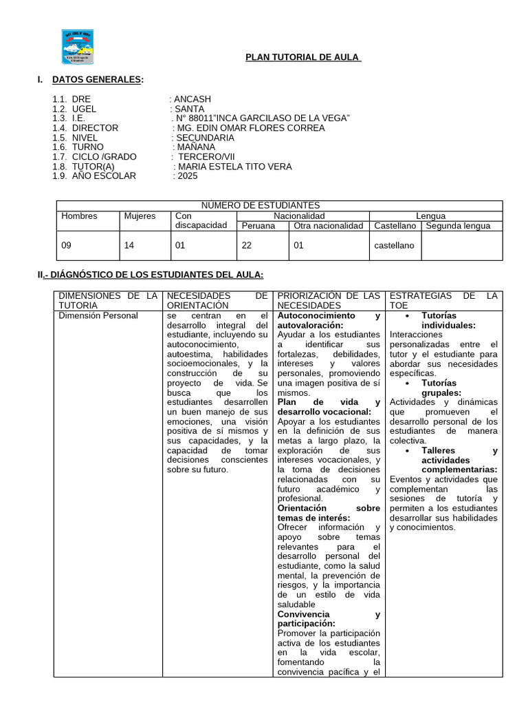 Plan de Tutorial Aula - 2025 | PDF | Aprendizaje | Inclusión (Educación)