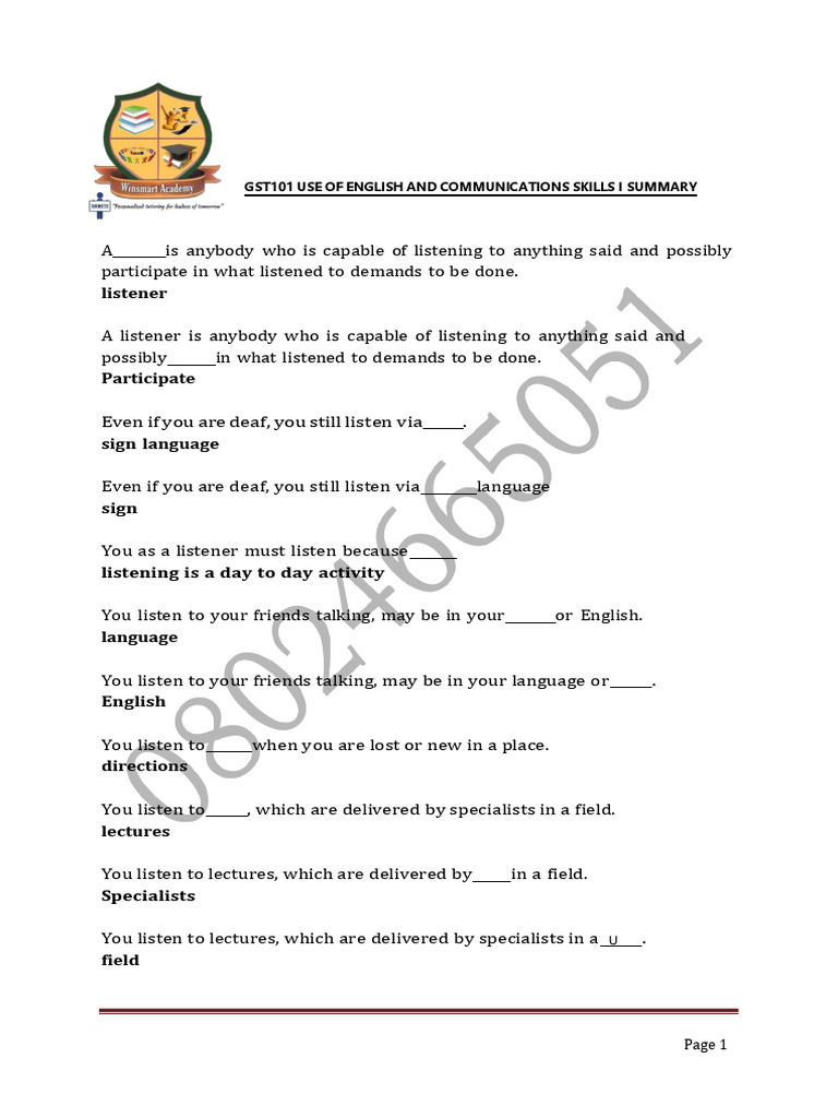 GST 101 English Summary | PDF | Reading Comprehension | Speed Reading