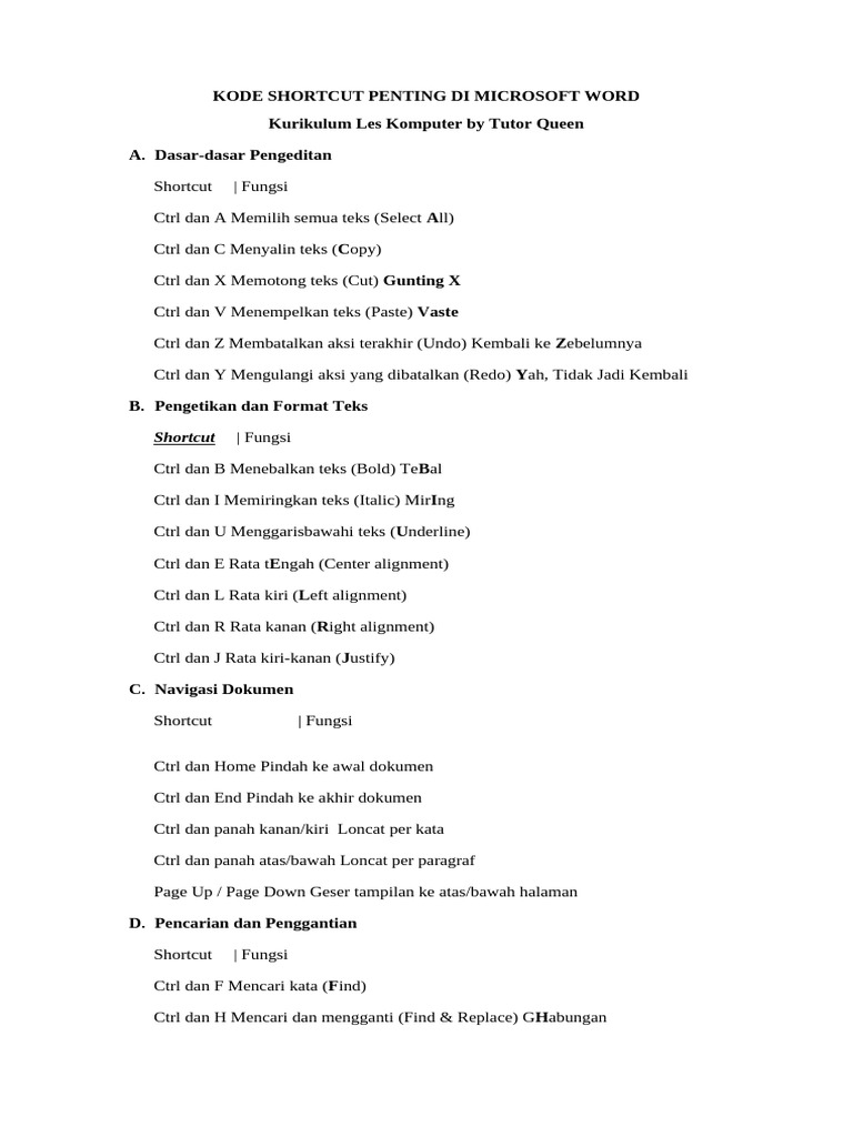 Shortcut Penting di Microsoft Word | PDF