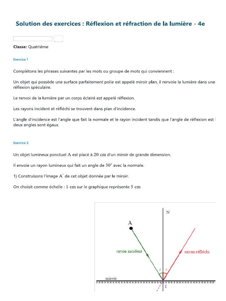 Solution Des Exercices - Réflexion Et Réfraction de La Lumière - 4e | PDF