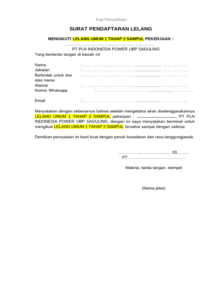 Surat Pendaftaran Lelang PT PLN | PDF