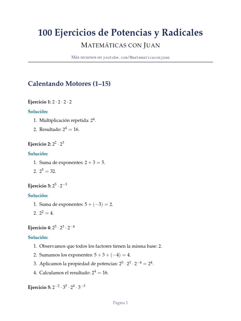 100 Ejercicios de Potencias | PDF | Raíz cuadrada | Exponenciación