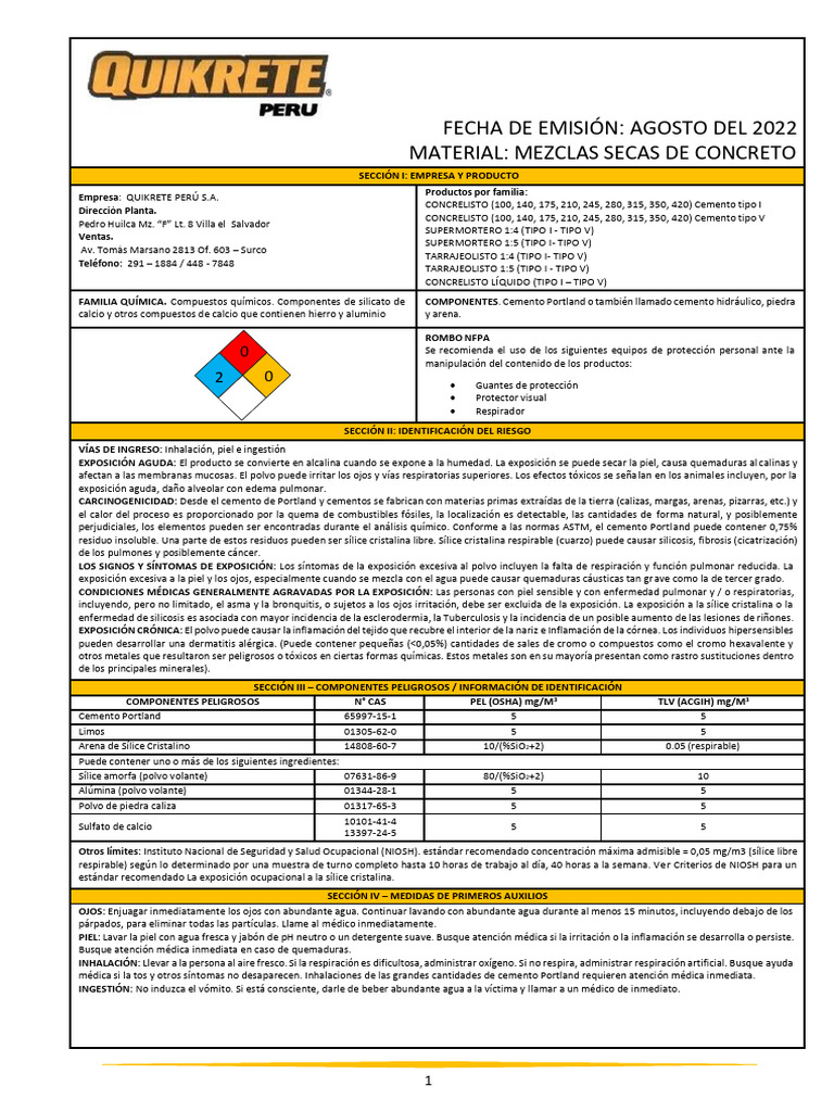 MSDS-0016 Concrelisto | PDF | Cemento