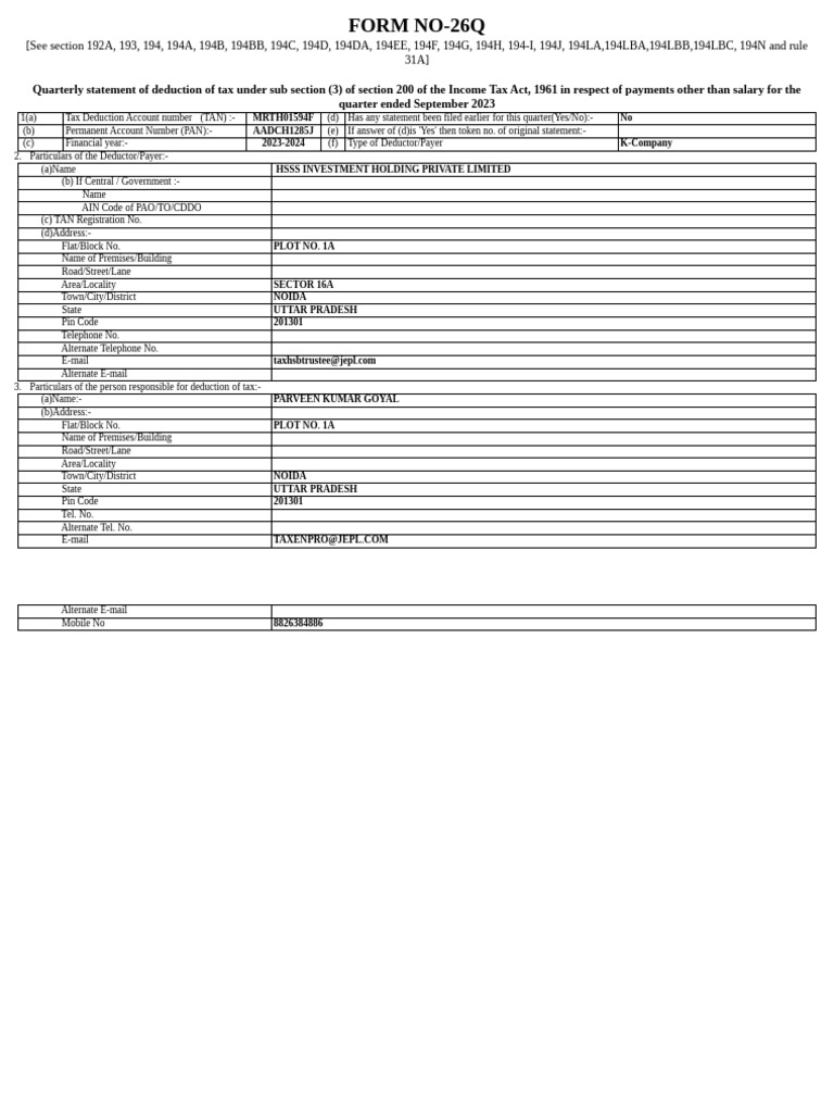 Form 26Q TDS Statement Q3 2023 | PDF | Payments | Taxes