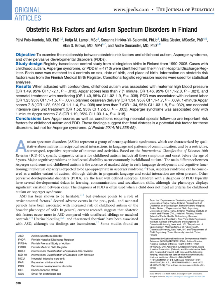 Obstetric Risk Factors and Autism Spectrum Disorders in Finland | PDF ...