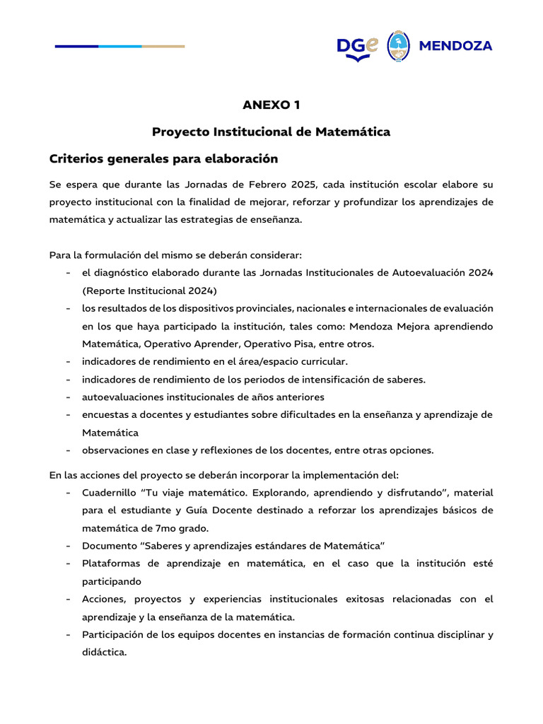 Anexo 1 Modelo de Proyecto Institucional de Matematica 2025 | PDF ...