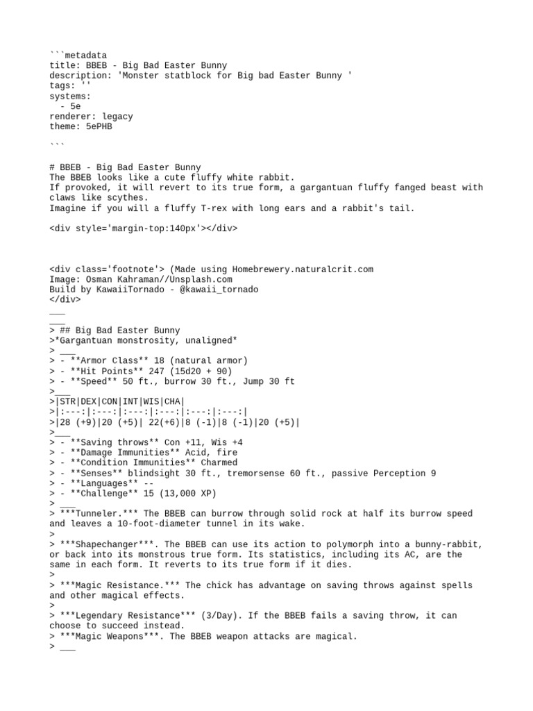 BBEB: Big Bad Easter Bunny Statblock | PDF