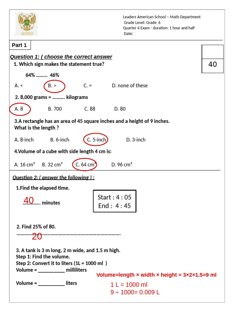 Q4 - Final Exam 1 - G6 Answers | PDF | Volume | Area