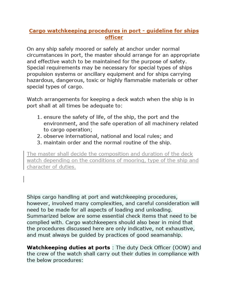 Port Cargo Watchkeeping Guidelines | PDF | Ships | Shipping