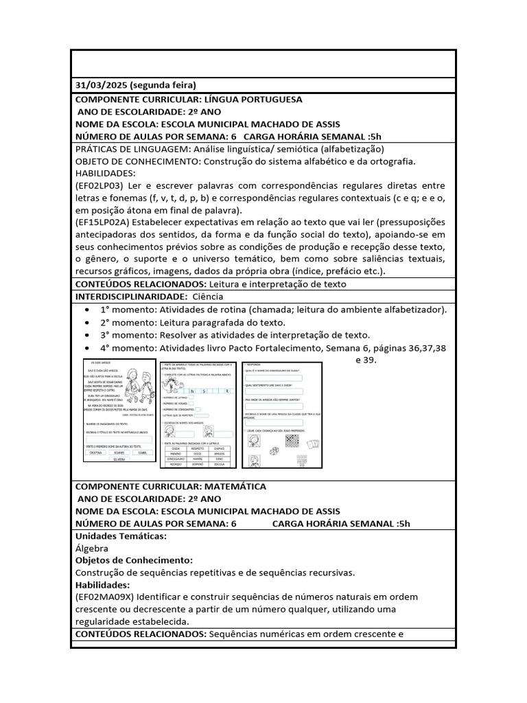Plano de Aula 2 Ano 2025escola Municipal Machado de Assis 31-03 A 04-04-2025 | PDF ...