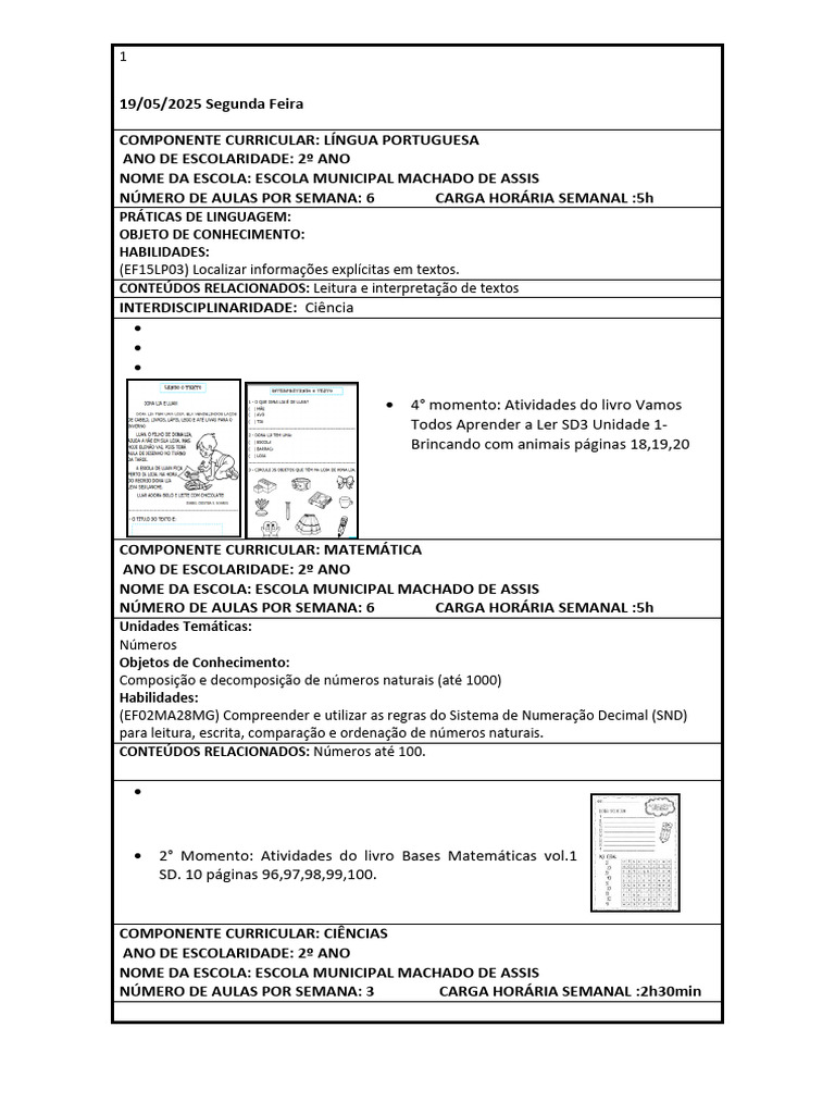 Plano de Aula 2 Ano 2025 Escola Municipal Machado de Assis 19-05 A 23-05-2025 | PDF ...