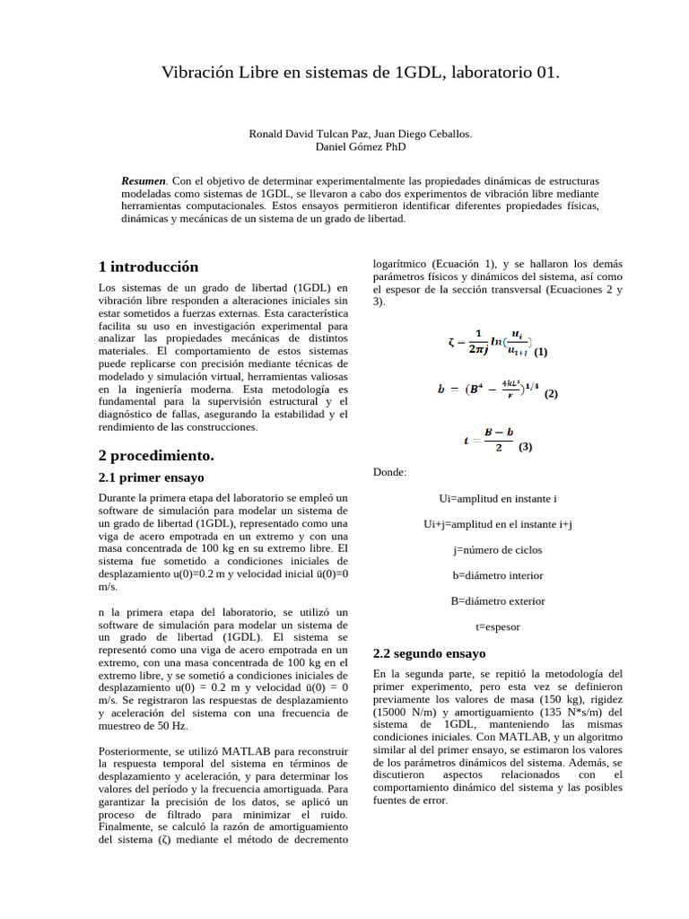 Vibración Libre en Sistemas de 1GDL, Laboratorio 01. | PDF | Ecuaciones ...