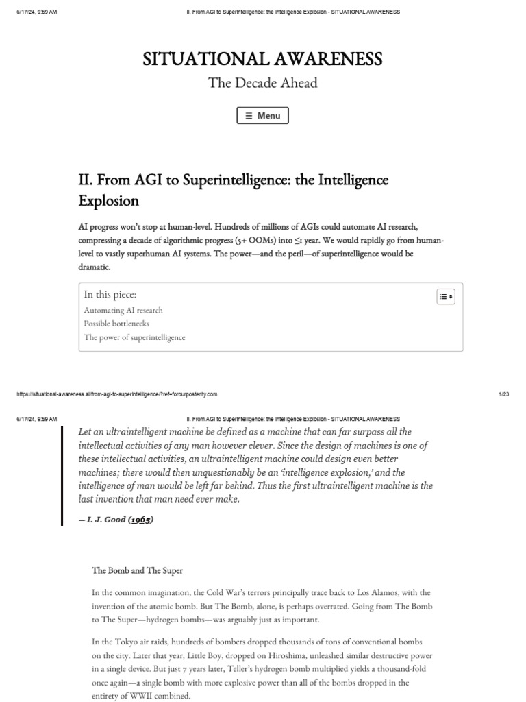 From AGI To Superintelligence - The Intelligence Explosion - SITUATIONAL AWARENESS | PDF ...