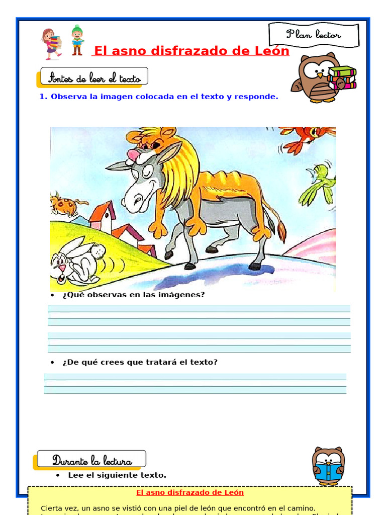 Ficha Plan Lector El Asno Disfrazado de León | PDF | Burro | León