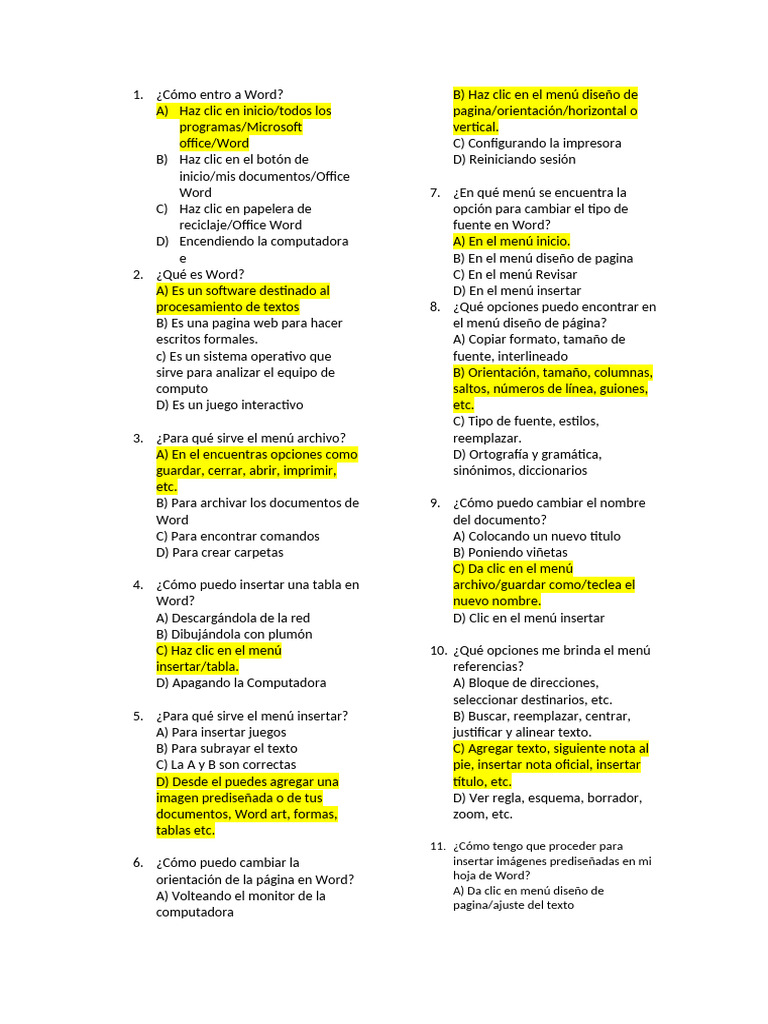 Respuestas de Las Preguntas de Word | PDF | Microsoft Word | Microsoft Office