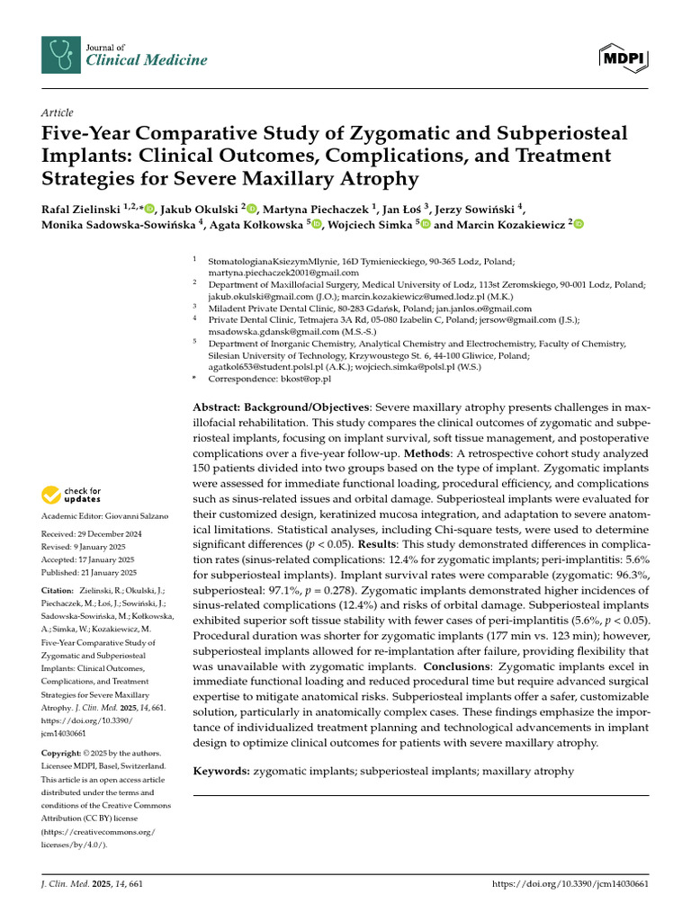 Five-Year Comparative Study of Zygomatic and Subperiosteal Implants Clinical Outcomes ...