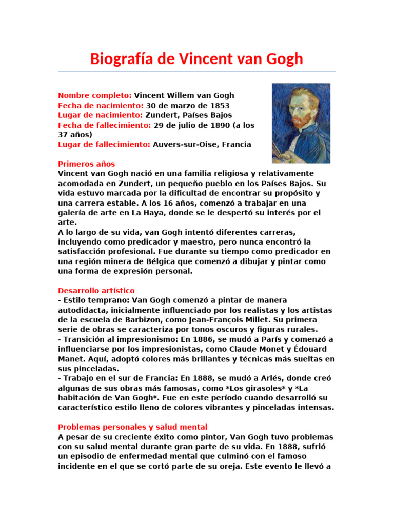 Biografía de Vincent van Gogh | PDF | Vincent Van Gogh | Impresionismo
