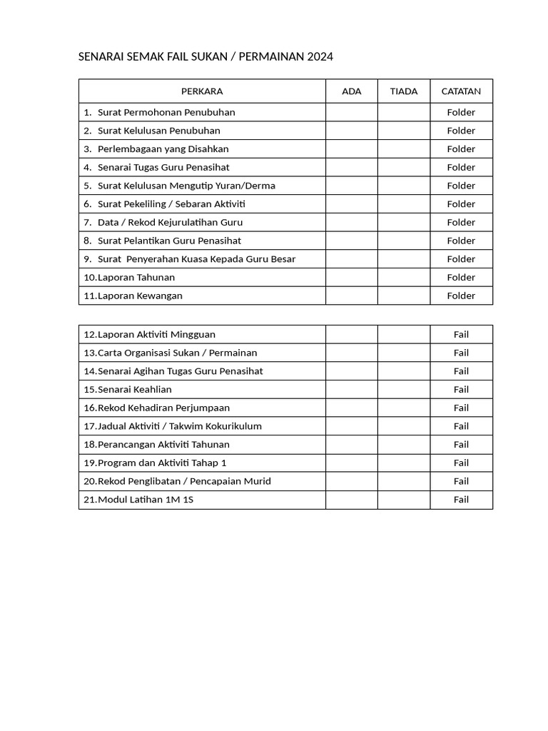 Senarai Semak Fail Sukan 2024 | PDF