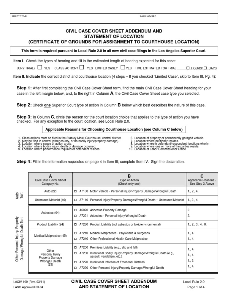 Civil Case Cover Sheet Addendum | PDF | Tort | Lawsuit