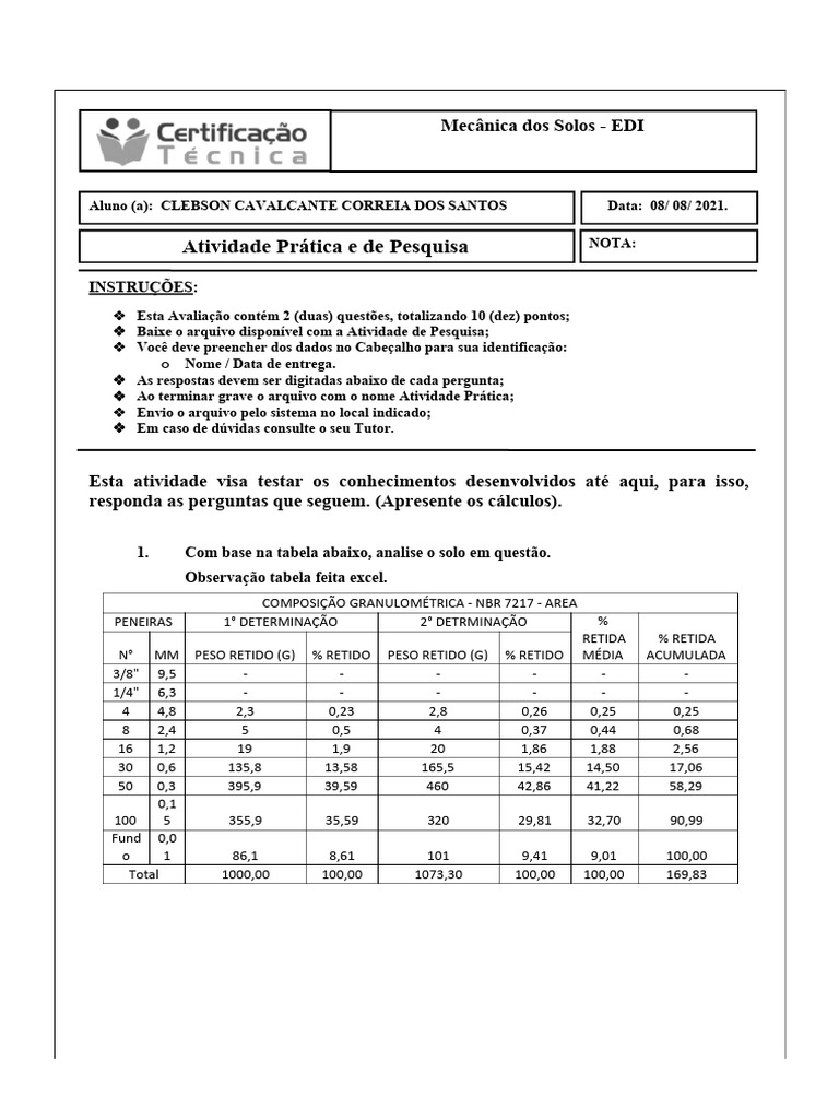 Atividade Prática - Mecânica Dos Solos AP2 (1) (1) | PDF | Natureza