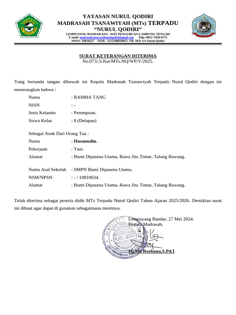 Surat Keterangan Diterima | PDF