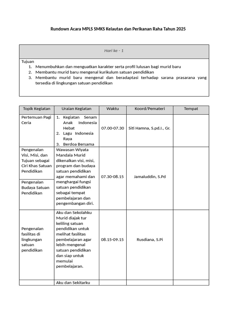 Rundown Acara MPLS SMKS Kelautan Dan Perikanan Raha Tahun 2025 | PDF