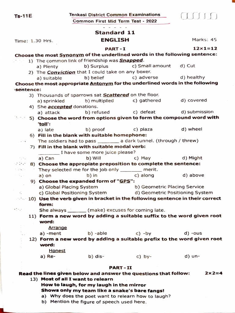 11th English 1st Mid Term Exam 2022 Question Paper Tenkasii District English Medium PDF Download ...